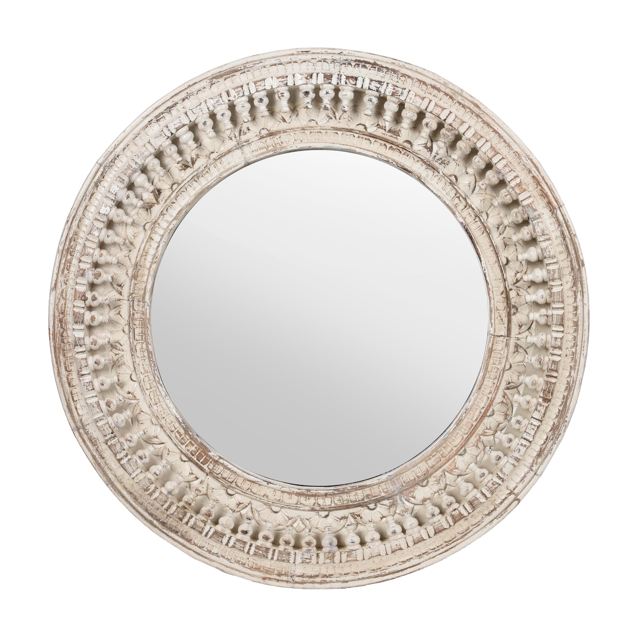 Carved Indian Mango Wood Round Mirror | Indigo Antiques