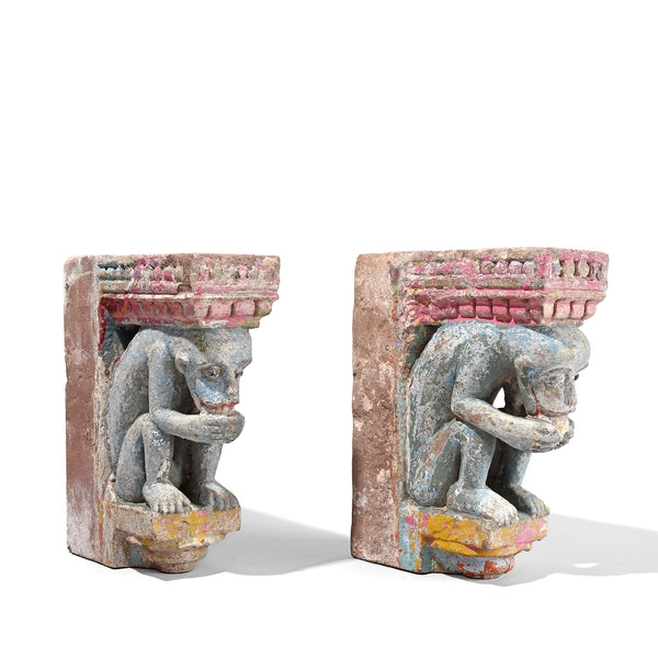 Antique Pair Of Painted Indian Stone Monkey Brackets | Indigo Antiques