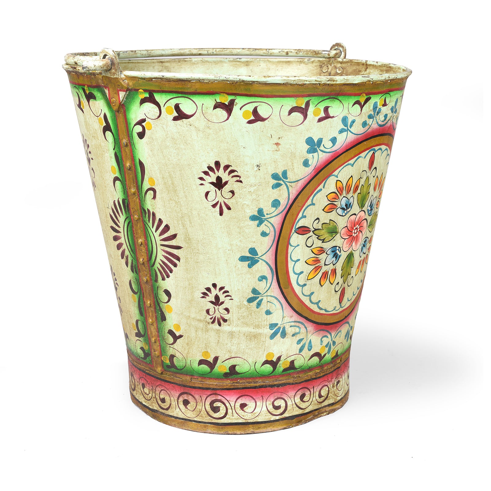 Vintage Galvanized Indian Bucket - Aqua Mandala | Indigo Antiques