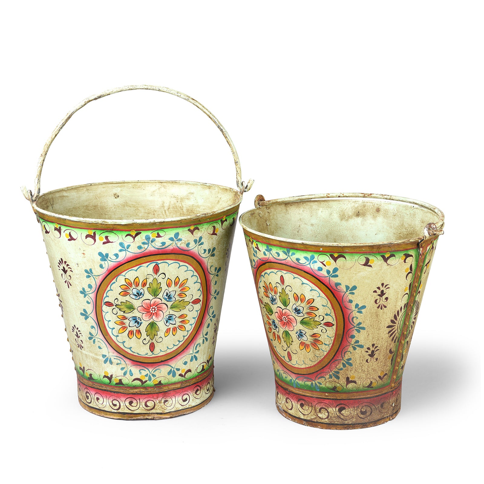 Vintage Galvanized Indian Bucket - Aqua Mandala | Indigo Antiques