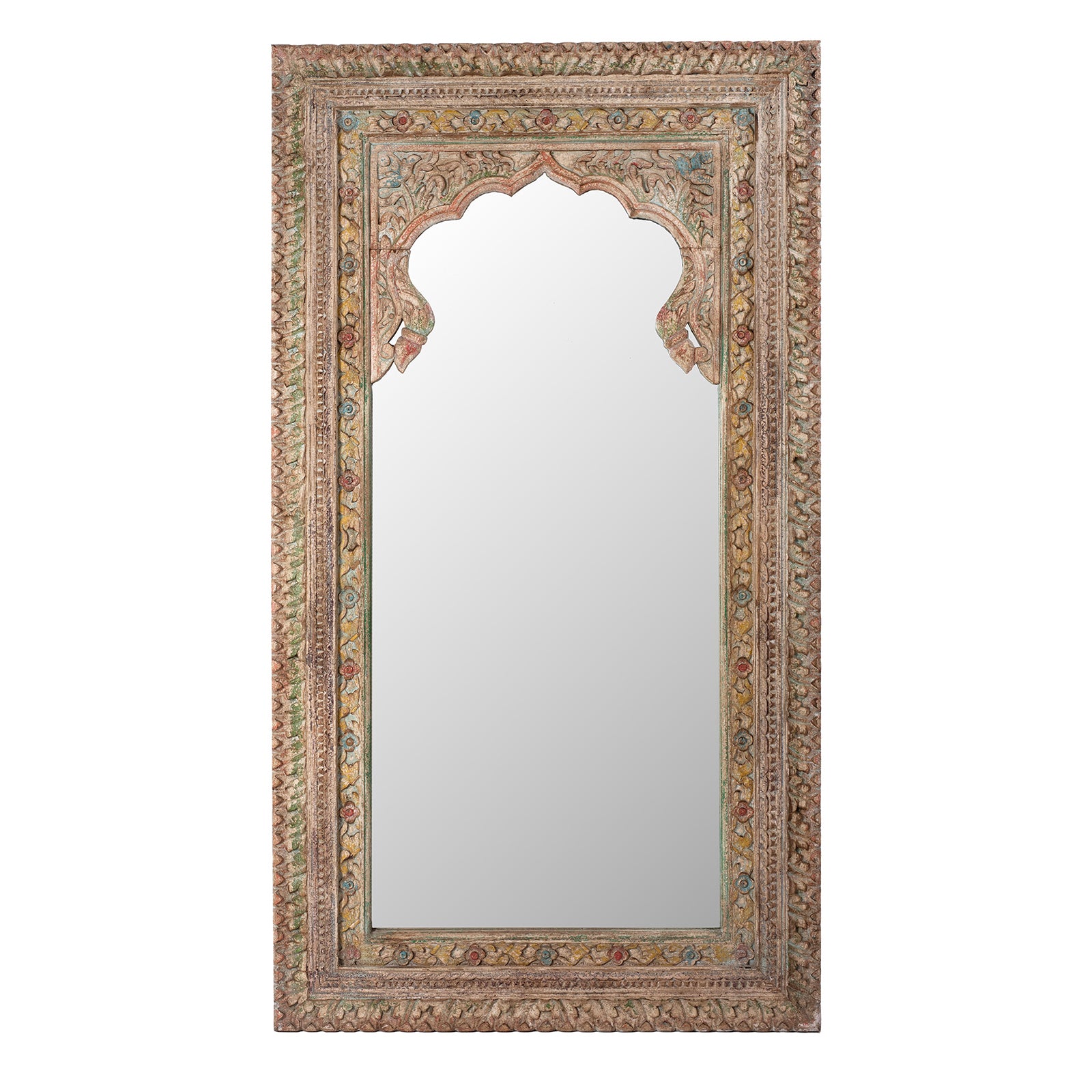 Carved Large Indian Painted Mihrab Mirror | Indigo Antiques