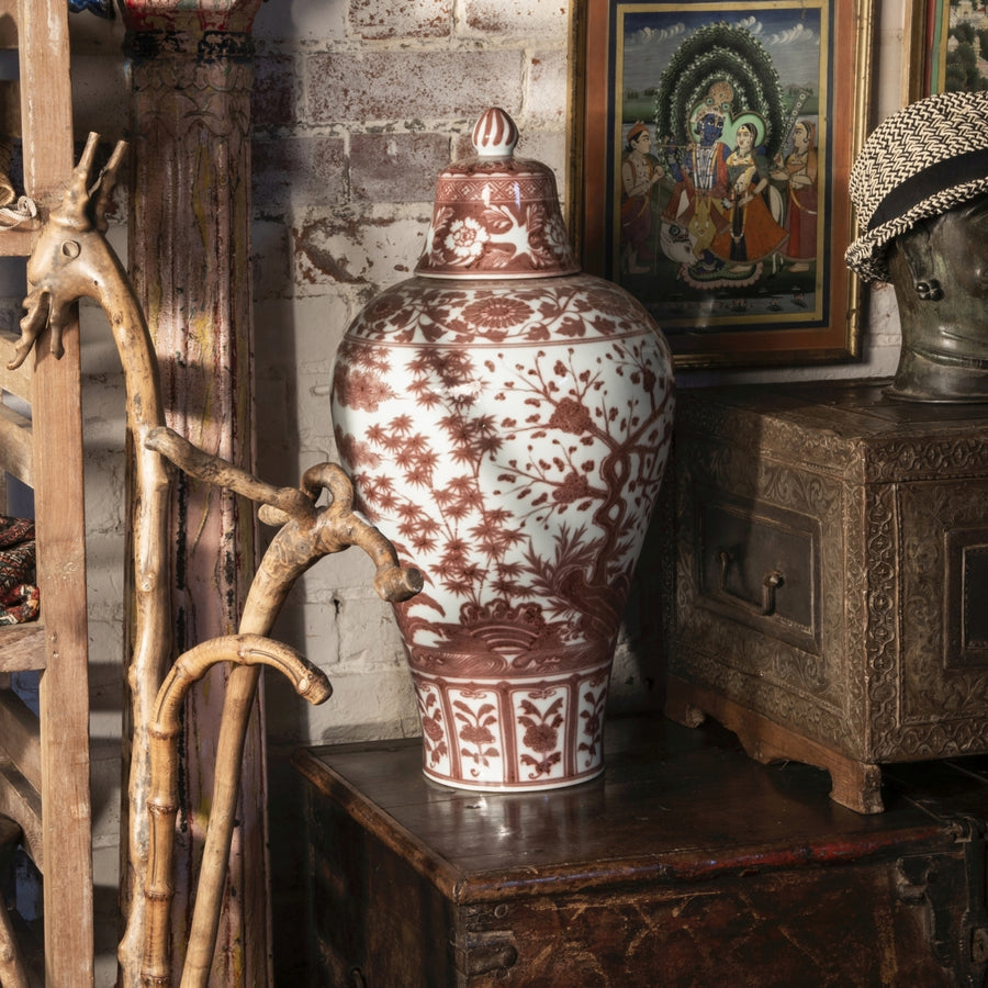 Copper Red Porcelain Temple Jar - Four Tree Design | Indigo Antiques