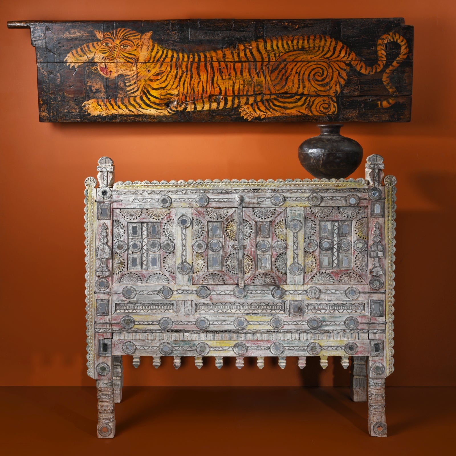 Vintage Black Painted Indian Tiger Panel | INDIGO ANTIQUES - Indigo ...