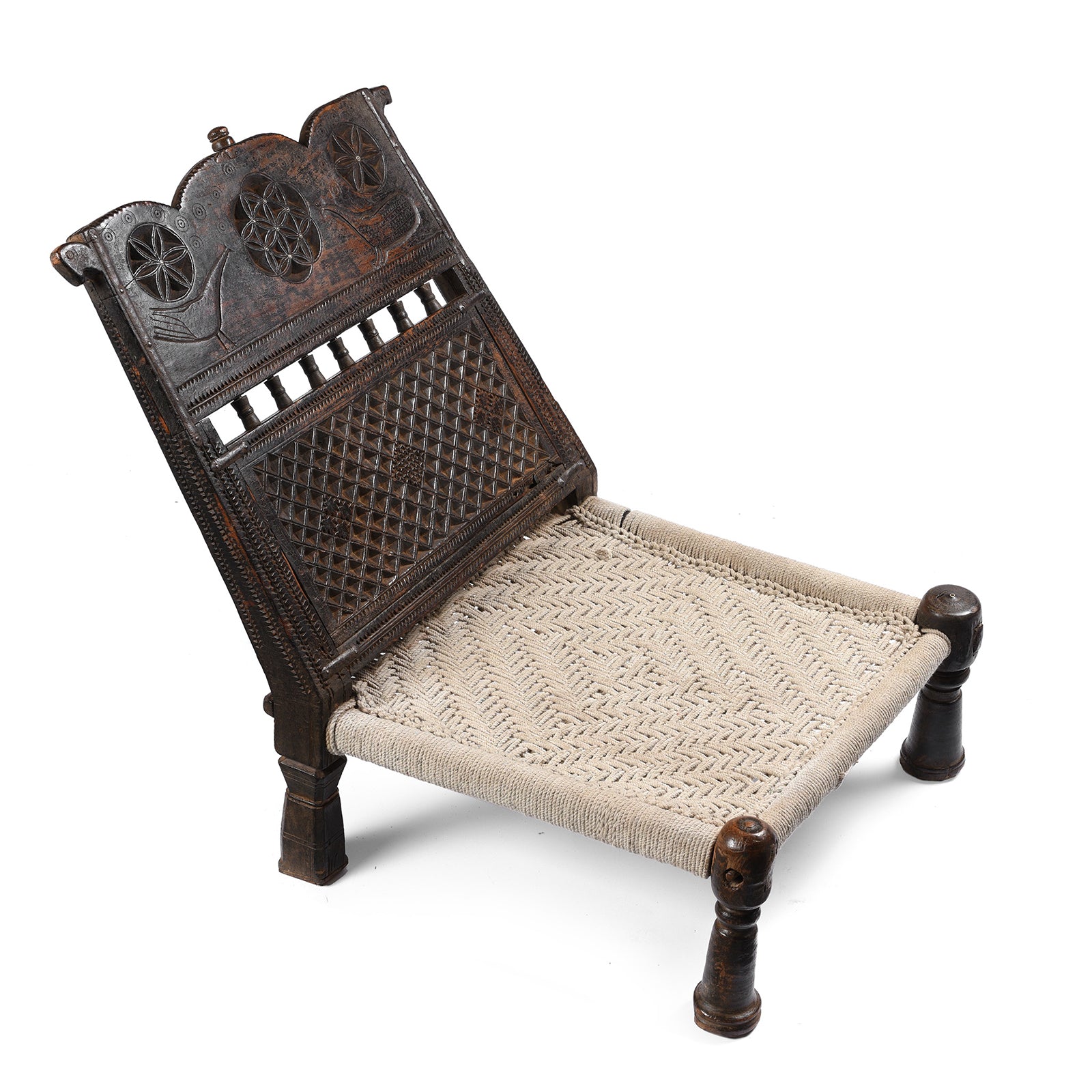 Chip Carved Low Pidha Chair From Rajasthan - 19th Century | INDIGO ...