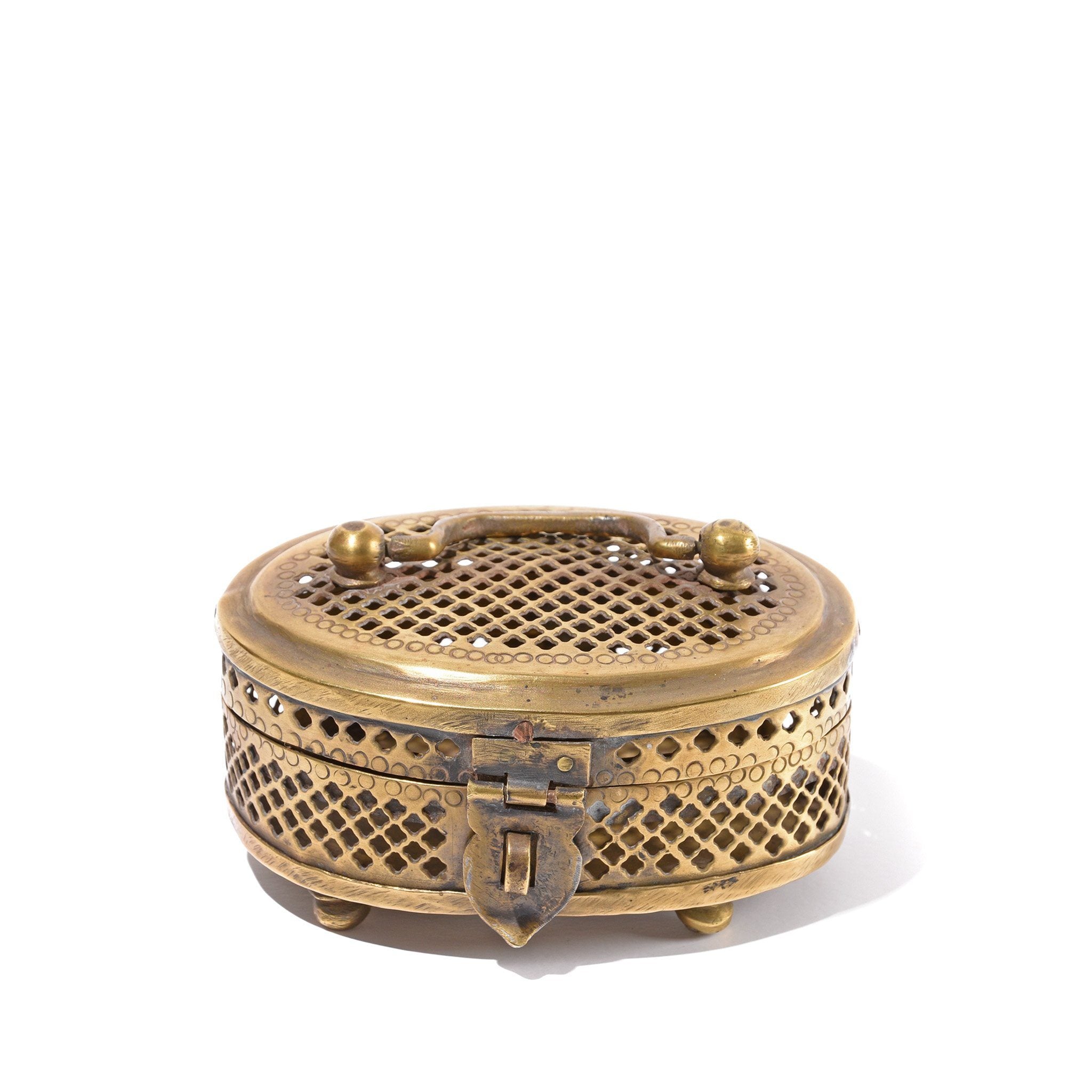 Brass Jali Work Paan Box From Rajasthan - Early 20thC - Indigo Antiques