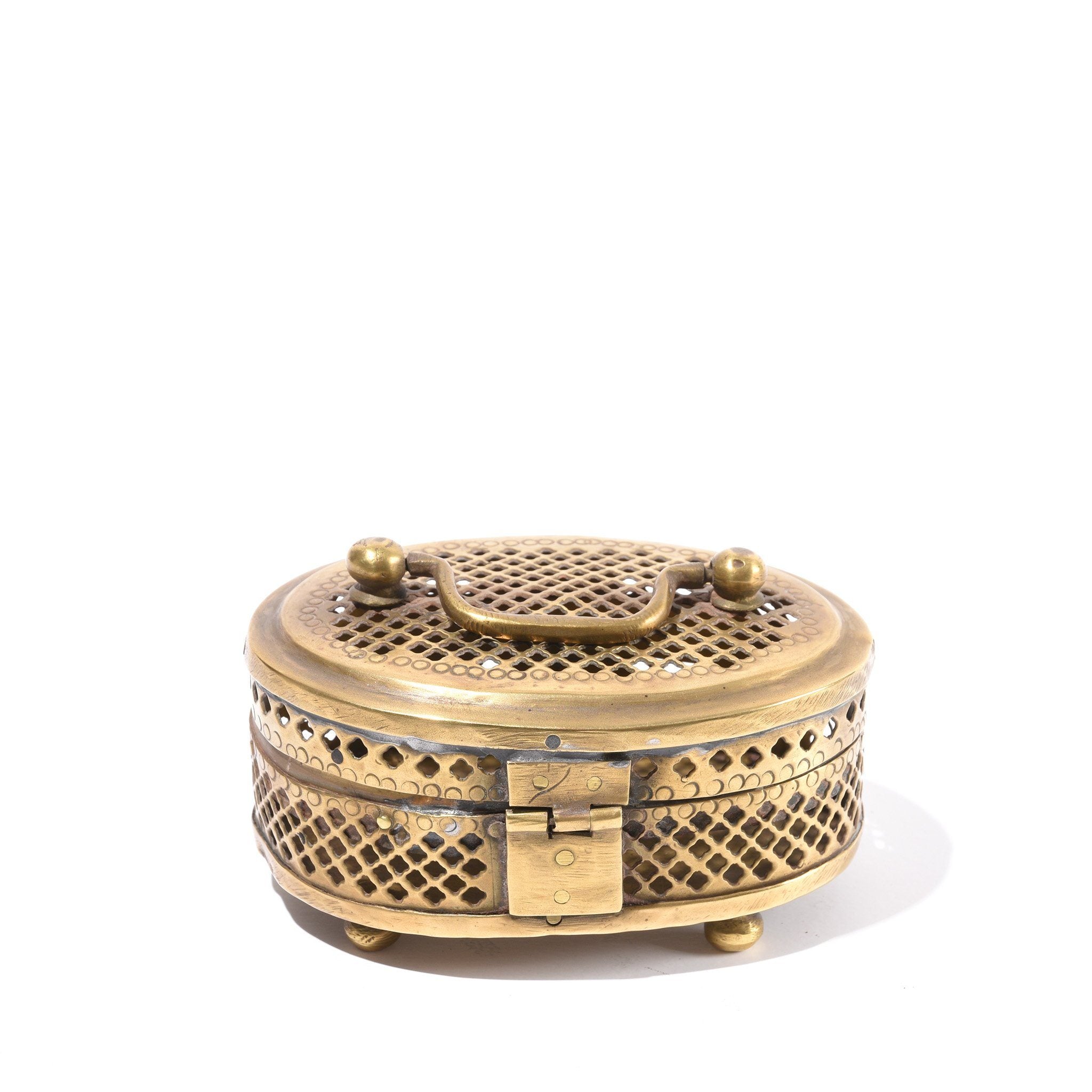 Brass Jali Work Paan Box From Rajasthan - Early 20thC - Indigo Antiques