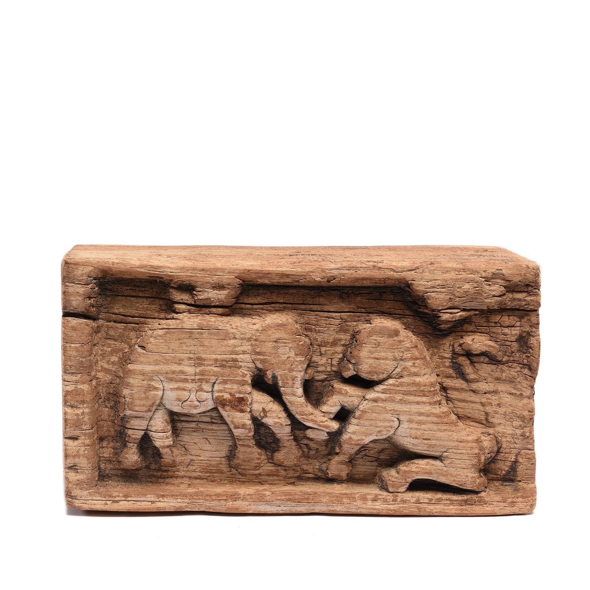 Teak Elephant & Lion Panel From Himachal Pradesh - 18thC | Indigo Antiques