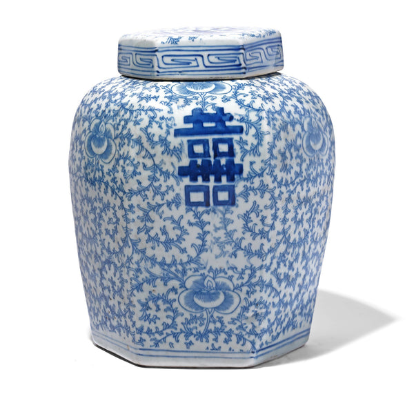 Blue & White Porcelain Tea Caddy - Double Happiness Design Indigo Antiques